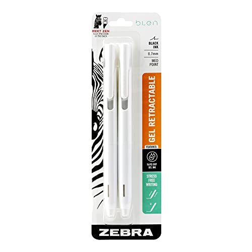 Zebra Pen bLen Retractable Gel Pen, White Barrel, Medium Point, 0.7mm, Black Ink, 2-Pack (41402)