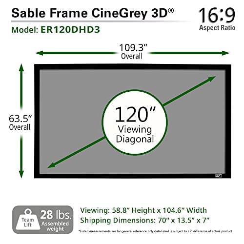 Elite Screens Sable Frame CineGrey 3D, 120-inch Diagonal 16:9, 8K 4K Ultra HD Ready Ceiling and Ambient Light Rejecting Fixed Frame Projector Screen, CineGrey 3D Projection Material, ER120DHD3