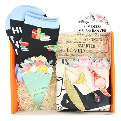 Book Lovers Gifts for Women, Perfect Set of 6 Reading Accessories Gift Box Includes a Tote Bag, Reading Socks, Bookmark & More for Reader Teacher Student Friend Family