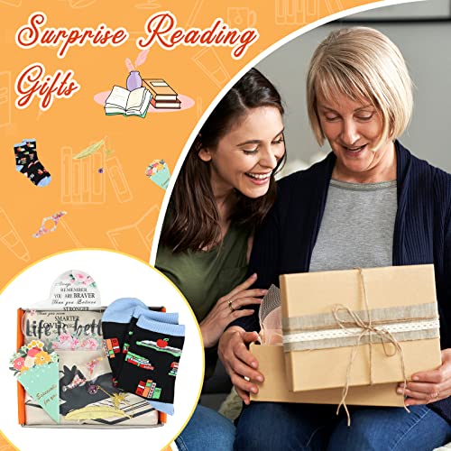 Book Lovers Gifts for Women, Perfect Set of 6 Reading Accessories Gift Box Includes a Tote Bag, Reading Socks, Bookmark & More for Reader Teacher Student Friend Family