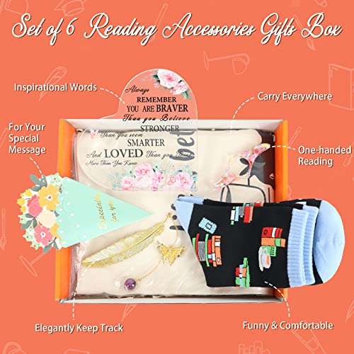 Book Lovers Gifts for Women, Perfect Set of 6 Reading Accessories Gift Box Includes a Tote Bag, Reading Socks, Bookmark & More for Reader Teacher Student Friend Family