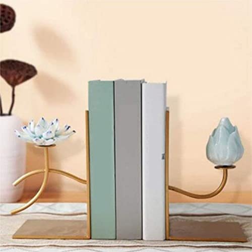 Book Ends Bookend Holder Ceramic Lotus Bookends Metal Base Book Ends Office Desktop Book Stoppers Creativity Book Stopper for Shelves Bookshelf