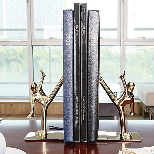 Bookends，Book Ends，Book Ends for Shelves，1 Pair Gold Bookends Stainless Steel Kung Fu Man Heavy Duty Bookends Decorative for Books Movies Home Desk Office