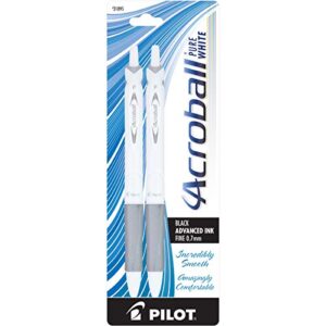 pilot acroball purewhite retractable advanced ink ball point pens; fine point, black ink, silver accents 2-pack (31895) ultra-smooth writing, smear-resistant advanced ink for skip-free lines