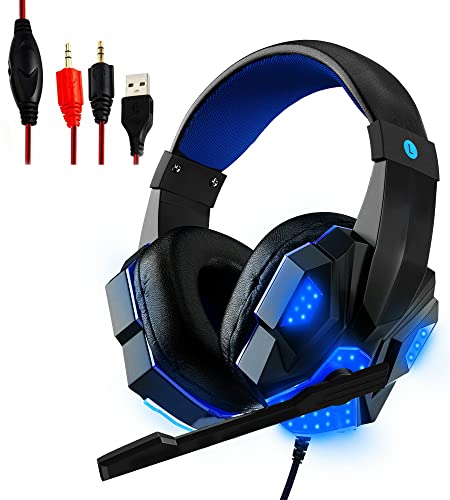 5 CORE Gaming Headset for PS4 PC One PS5 Console Controller, Noise Cancelling Microphone Over Ear Stereo Headphones with Mic, LED Light, Bass Surround, Earmuffs for Laptop Mac NES Games HDP GM1 B