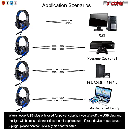 5 CORE Gaming Headset for PS4 PC One PS5 Console Controller, Noise Cancelling Microphone Over Ear Stereo Headphones with Mic, LED Light, Bass Surround, Earmuffs for Laptop Mac NES Games HDP GM1 B