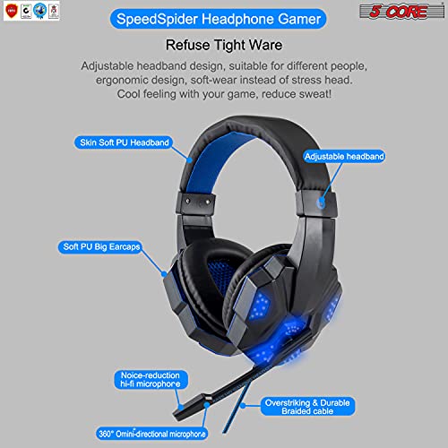 5 CORE Gaming Headset for PS4 PC One PS5 Console Controller, Noise Cancelling Microphone Over Ear Stereo Headphones with Mic, LED Light, Bass Surround, Earmuffs for Laptop Mac NES Games HDP GM1 B