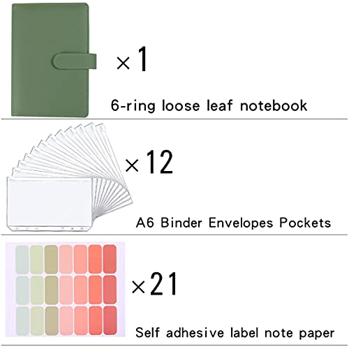 LXWHYP A6 Budget Binder with Cash Envelopes, Cash Saving Book Budgeting Planne PU Leather Notebook Binder with 12 PCS A6 Binder Pockets-Green Cash Stuffing Folder Envelope System