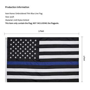 Homissor Thin Blue Line Flags 3x5 Outdoor Made in USA - Embroidered Stars Police Flag, Heavy Duty Back The Blue Flag Stripe Blue Line Lives Matter Flags Banner with 2 Brass Grommets