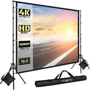 phopik projector screen with stand: 120 inch portable indoor outdoor projector screen fordable & wrinkle-free outdoor movie screen with carry bag for home theater camping and recreational events