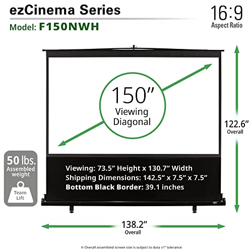 Elite Screens ezCinema Series, 150-INCH 16:9, Manual Pull Up Projector Screen, Movie Home Theater 8K / 4K Ultra HD 3D Ready, 2-YEAR WARRANTY, F150NWH