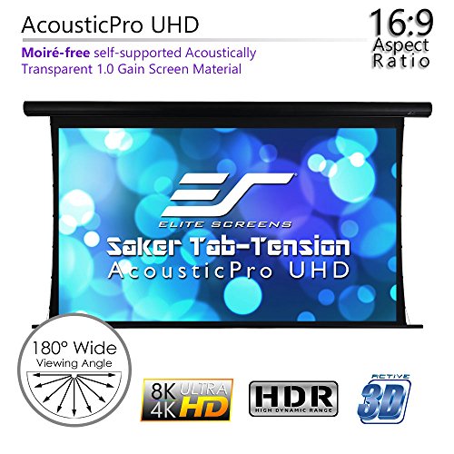 Elite Screens Saker Tab-Tension AcousticPro UHD Series, 100" Diagonal 16:9, 4K/8K Ultra HD Electric Sound Transparent Perforated Weave Drop Down Front Projector Screen, SKT100UH-E24-AUHD