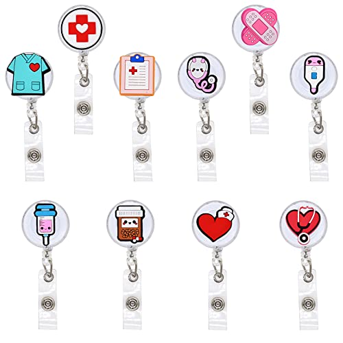 YEALQUE 10 Pack Nurse Badge Reel Holder Retractable Nursing ID Badge Reels Cute for Nurses Doctor Medical Health Hospital Office Worker Gifts(A-10PCS) …