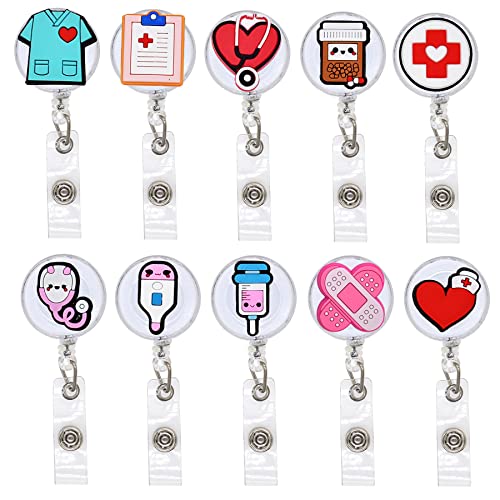 YEALQUE 10 Pack Nurse Badge Reel Holder Retractable Nursing ID Badge Reels Cute for Nurses Doctor Medical Health Hospital Office Worker Gifts(A-10PCS) …