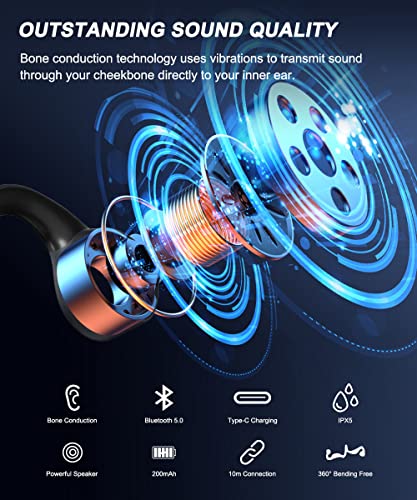 LonFine Bone Conduction Headphones, [2022 Upgraded] Open Ear Headphones Wireless Bluetooth 5.0 Headphones, IPX5 Waterproof Sport Headphones with Mic for Running, Workout, Hiking, Cycling, Driving