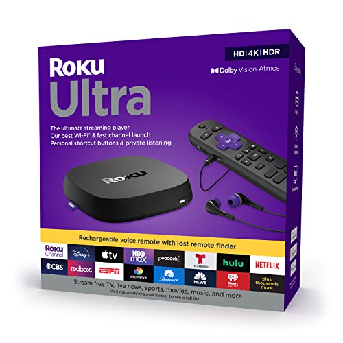 Roku Ultra 2022 4K/HDR/Dolby Vision Streaming Device and Roku Voice Remote Pro with Rechargeable Battery, Hands-Free Voice Controls, Lost Remote Finder, and Private Listening