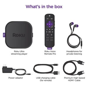 Roku Ultra 2022 4K/HDR/Dolby Vision Streaming Device and Roku Voice Remote Pro with Rechargeable Battery, Hands-Free Voice Controls, Lost Remote Finder, and Private Listening