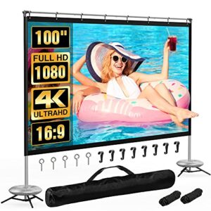 [upgraded] mooka family projector screen and stand, 100- inch projector screen outdoor with carry bag, 16:9 4k hd rear front outdoor movie screen wrinkle-free, easy to assemble for home theater