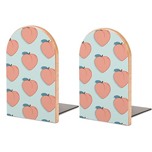 2 Pack Wood Bookends,Peach Pattern Decorative Book Ends Support for Shelves Desktop Organizer Wooden Bookshelf for Home School Office