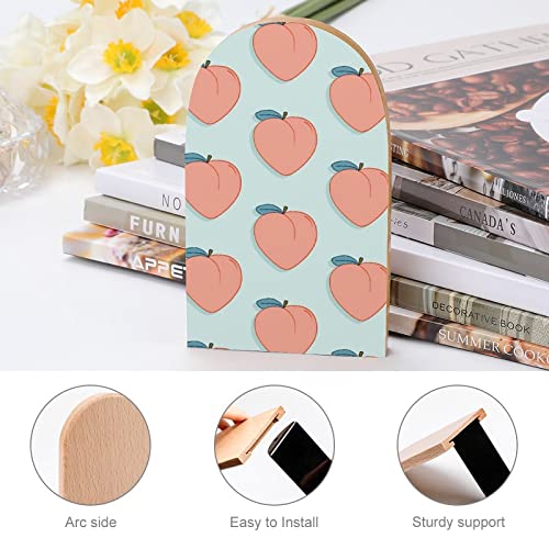 2 Pack Wood Bookends,Peach Pattern Decorative Book Ends Support for Shelves Desktop Organizer Wooden Bookshelf for Home School Office