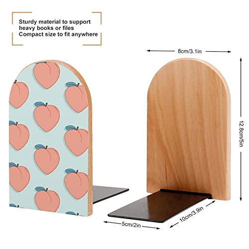 2 Pack Wood Bookends,Peach Pattern Decorative Book Ends Support for Shelves Desktop Organizer Wooden Bookshelf for Home School Office