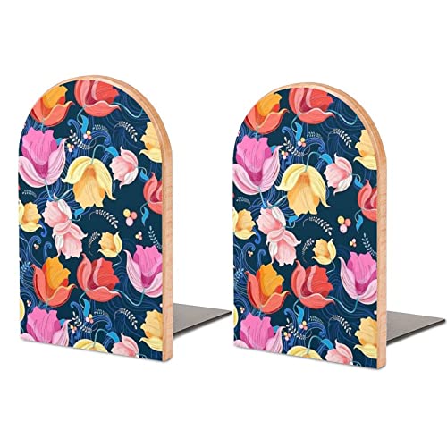 2 Pack Wood Bookends,Flowers Tulips Pattern Decorative Book Ends Support for Shelves Desktop Organizer Wooden Bookshelf for Home School Office