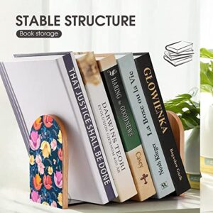 2 Pack Wood Bookends,Flowers Tulips Pattern Decorative Book Ends Support for Shelves Desktop Organizer Wooden Bookshelf for Home School Office