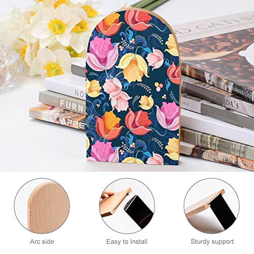 2 Pack Wood Bookends,Flowers Tulips Pattern Decorative Book Ends Support for Shelves Desktop Organizer Wooden Bookshelf for Home School Office