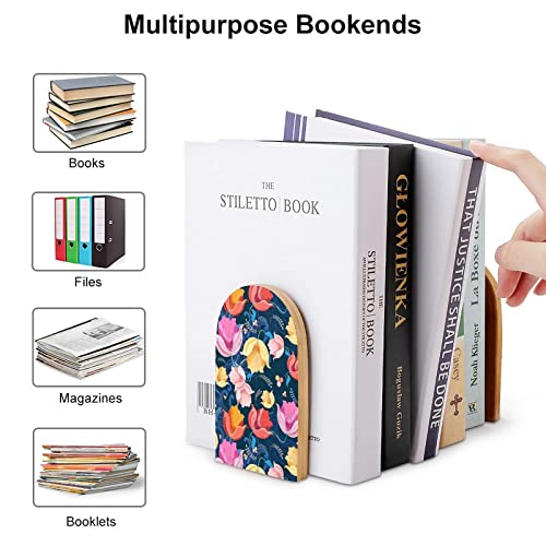 2 Pack Wood Bookends,Flowers Tulips Pattern Decorative Book Ends Support for Shelves Desktop Organizer Wooden Bookshelf for Home School Office