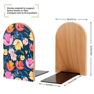 2 Pack Wood Bookends,Flowers Tulips Pattern Decorative Book Ends Support for Shelves Desktop Organizer Wooden Bookshelf for Home School Office