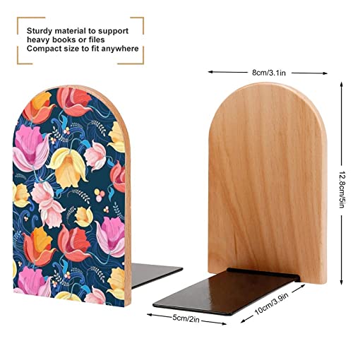 2 Pack Wood Bookends,Flowers Tulips Pattern Decorative Book Ends Support for Shelves Desktop Organizer Wooden Bookshelf for Home School Office