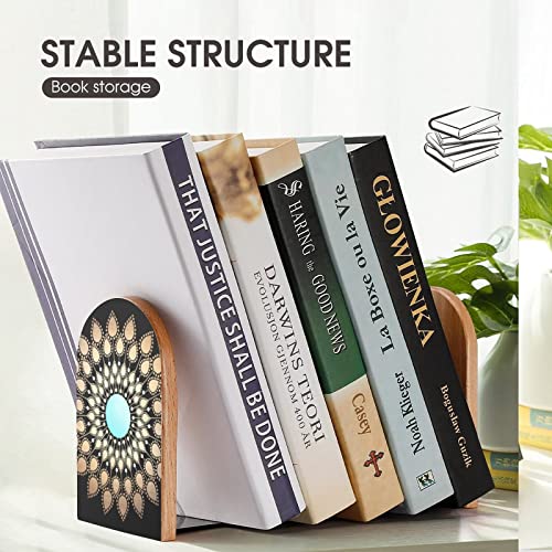 2 Pack Wood Bookends,Elegant Lotus Flower Mandala Decorative Book Ends Support for Shelves Desktop Organizer Wooden Bookshelf for Home School Office