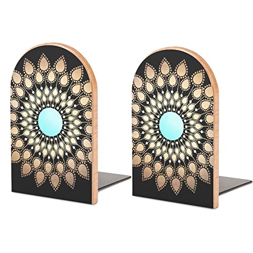 2 Pack Wood Bookends,Elegant Lotus Flower Mandala Decorative Book Ends Support for Shelves Desktop Organizer Wooden Bookshelf for Home School Office