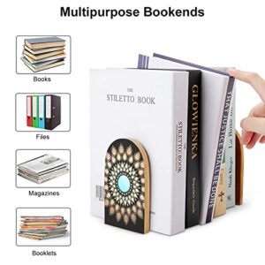 2 Pack Wood Bookends,Elegant Lotus Flower Mandala Decorative Book Ends Support for Shelves Desktop Organizer Wooden Bookshelf for Home School Office