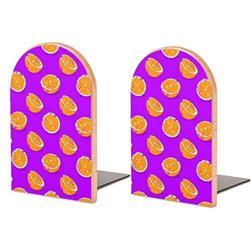 2 Pack Wood Bookends,Orange On Purple Decorative Book Ends Support for Shelves Desktop Organizer Wooden Bookshelf for Home School Office