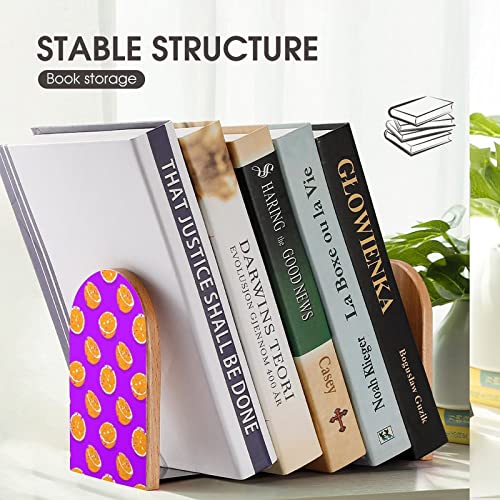 2 Pack Wood Bookends,Orange On Purple Decorative Book Ends Support for Shelves Desktop Organizer Wooden Bookshelf for Home School Office