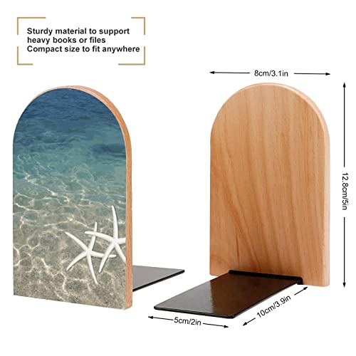 2 Pack Wood Bookends,Summer Beach Tropical Blue Ocean Starfish Decorative Book Ends Support for Shelves Desktop Organizer Wooden Bookshelf for Home School Office