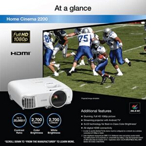 Epson Home Cinema 2200 (3D Edition) 3-chip 3LCD 1080p Projector, Built-in Android TV & Speaker, Streaming/Gaming/Home Theater, 35,000:1 Contrast, 2700 lumens Color and White Brightness, HDMI, White