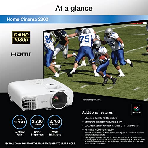 Epson Home Cinema 2200 (3D Edition) 3-chip 3LCD 1080p Projector, Built-in Android TV & Speaker, Streaming/Gaming/Home Theater, 35,000:1 Contrast, 2700 lumens Color and White Brightness, HDMI, White