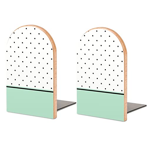 2 Pack Wood Bookends,Mint Green with Black and White Polka Dots Decorative Book Ends Support for Shelves Desktop Organizer Wooden Bookshelf for Home School Office