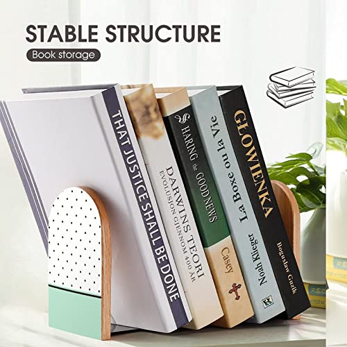 2 Pack Wood Bookends,Mint Green with Black and White Polka Dots Decorative Book Ends Support for Shelves Desktop Organizer Wooden Bookshelf for Home School Office