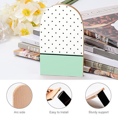 2 Pack Wood Bookends,Mint Green with Black and White Polka Dots Decorative Book Ends Support for Shelves Desktop Organizer Wooden Bookshelf for Home School Office