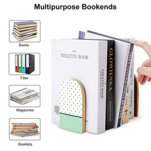 2 Pack Wood Bookends,Mint Green with Black and White Polka Dots Decorative Book Ends Support for Shelves Desktop Organizer Wooden Bookshelf for Home School Office