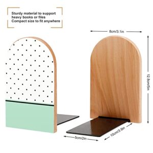 2 Pack Wood Bookends,Mint Green with Black and White Polka Dots Decorative Book Ends Support for Shelves Desktop Organizer Wooden Bookshelf for Home School Office