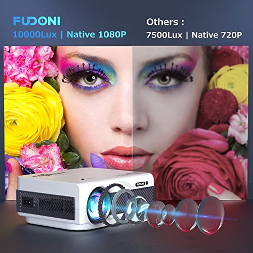 Projector with WiFi and Bluetooth, FUDONI Native 1080P Outdoor Projector 10000L Support 4K, Portable Movie Projector with Screen and Max 300", Compatible with iOS/Android/Laptop/TV Stick/HDMI/USB/VGA