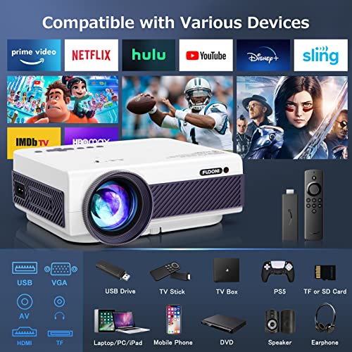 Projector with WiFi and Bluetooth, FUDONI Native 1080P Outdoor Projector 10000L Support 4K, Portable Movie Projector with Screen and Max 300", Compatible with iOS/Android/Laptop/TV Stick/HDMI/USB/VGA