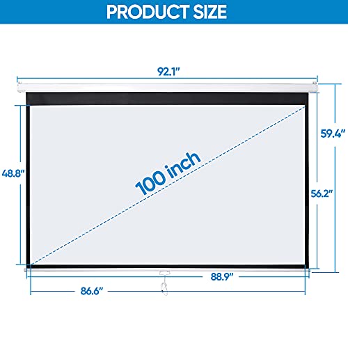 Oteymart 100 Inches Manual Projector Screen Pull Down-Portable Screen Video Projection 16:9 HD Matte White Home Theater with Auto Lock Anti-Crease for Home Theater Outdoor,Wall/Ceiling Mounting