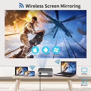 Portable Video Projector with WiFi&Bluetooth, Mini HD Outdoor Movie Projector with Airplay Mirroring & Speaker for Smart Phone, LED Home Theater Projector with Android OS/HDMI/USB for TV Stick DVD PC