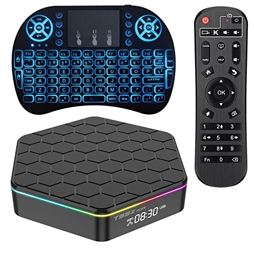 Android TV Box 12.0, T95Z Plus H618 Quad-Core Cortex-A53 CPU 2GB RAM 16GB ROM, 2.4GHz/5GHz Dual Band WiFi6 6K Ultra HD Resolution Bluetooth 5.0 with Backlit Mini Wireless Keyboard