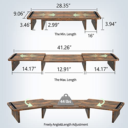 Zimilar Dual Monitor Stand Riser, Monitor Stand with Adjustable Length and Angle, Wood Monitor stand for desk, Monitor Riser for 2 monitors with Storage Space (Rust Brown Large)